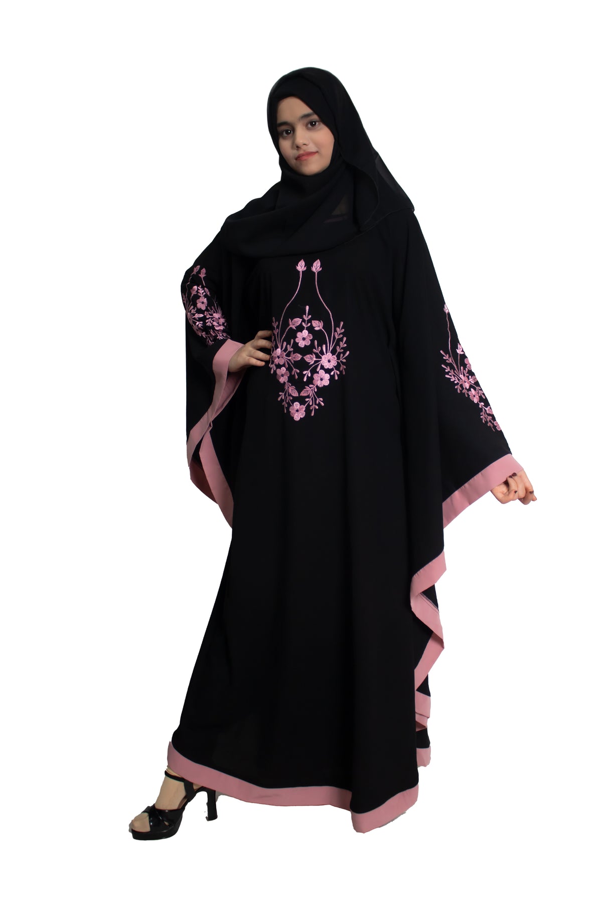 Buy Modest City Self Design Black With Pink Patti Embroidery Crepe ...